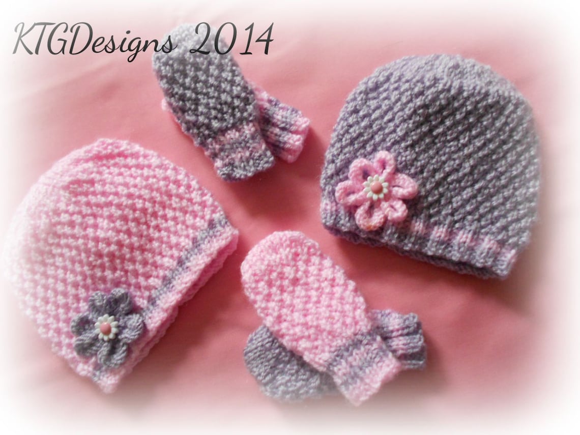 Knitting Pattern to Knit Baby Girls Hat Mitts Mittens Set in 4 Sizes ...