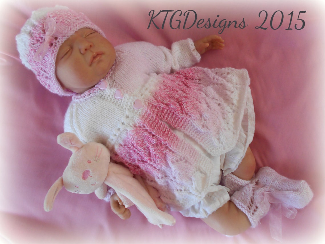 DK Modern Baby Knitting Pattern Girls Matinee Cardigan Hat and Booties ...