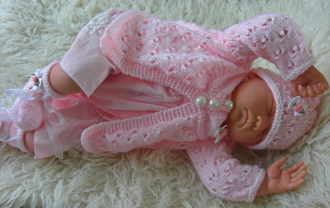 Knitting Pattern Dk to Knit Girls Pretty Matinee Cardigan Hat Bootees ...