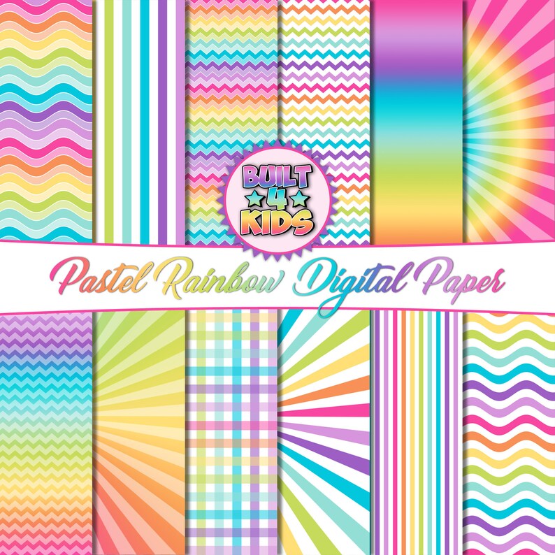 Pastel Rainbow Digital Paper Pack/ 12 Pack/ Chevron/ Starburst/ Waves ...
