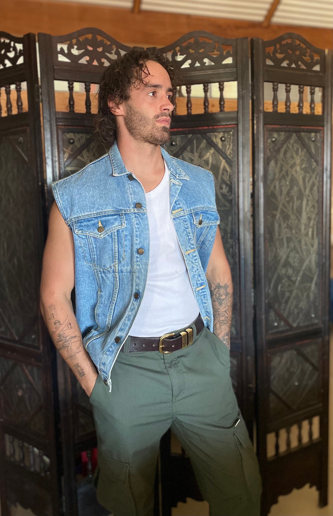 80s DACHET Denim Vest Oversized* Lined in 80s Travel Iconic Posters ...