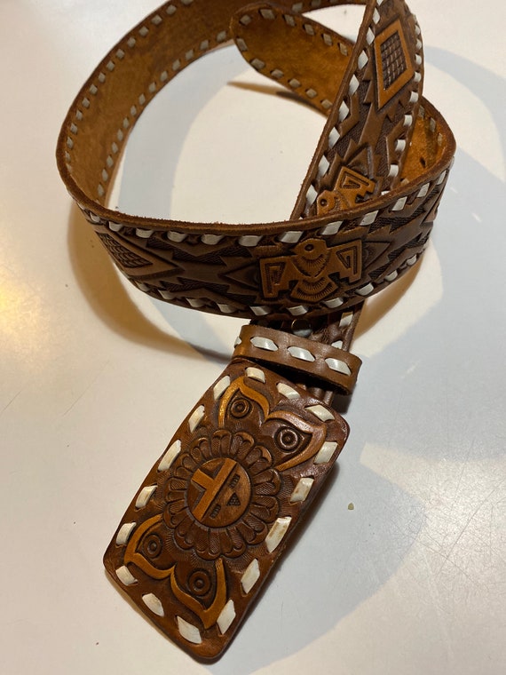 Leather belt*aztec* mayan* tooled leather*medium* - Gem