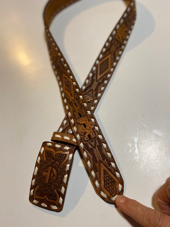 Leather belt*aztec* mayan* tooled leather*medium* - Gem