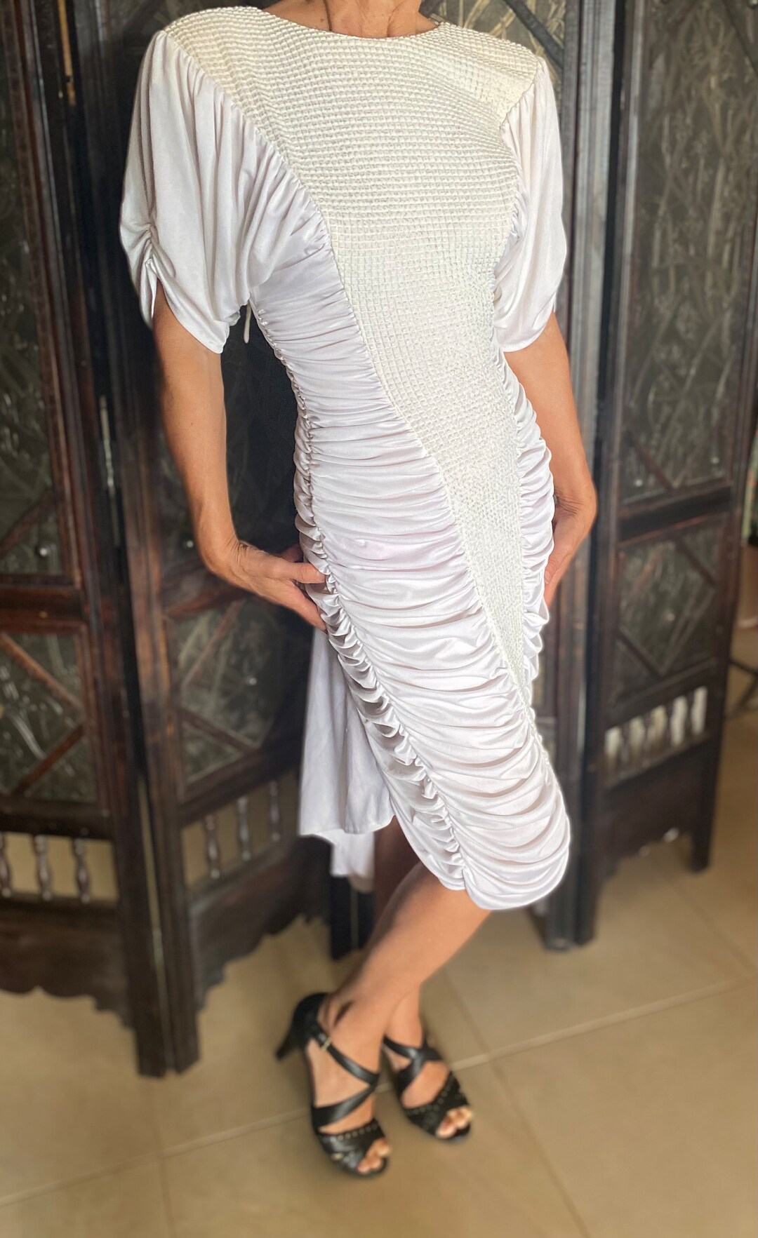 80s White Dazzling Disco Dress Gathered Ruched Fish Tail Silver Trim ...