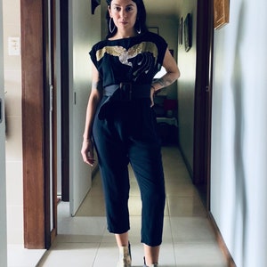 70s Jumpsuit With Flying Bird Applique Tortoise Shell Belt Black Small ...