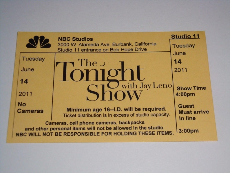 The Tonight Show Ticket Jay Leno Kim Kardashian 2011 NBC Ephemera - Etsy
