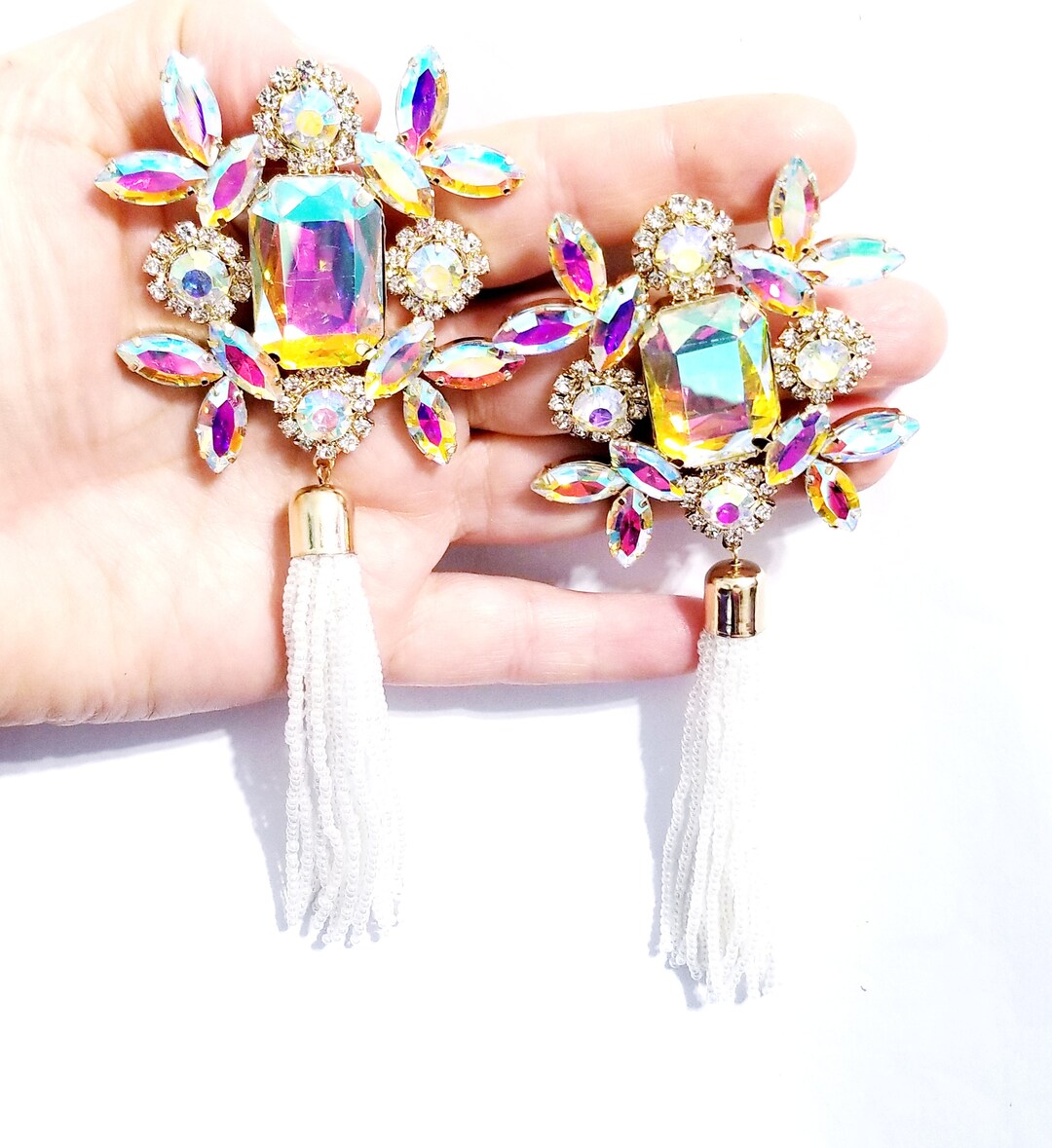 Oversized Chandelier Earrings, Rhinestone Clip on Earrings, AB Drop ...