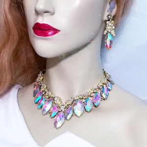 Iridescent Statement Necklace, Necklace Earring Set, Large Crystal ...