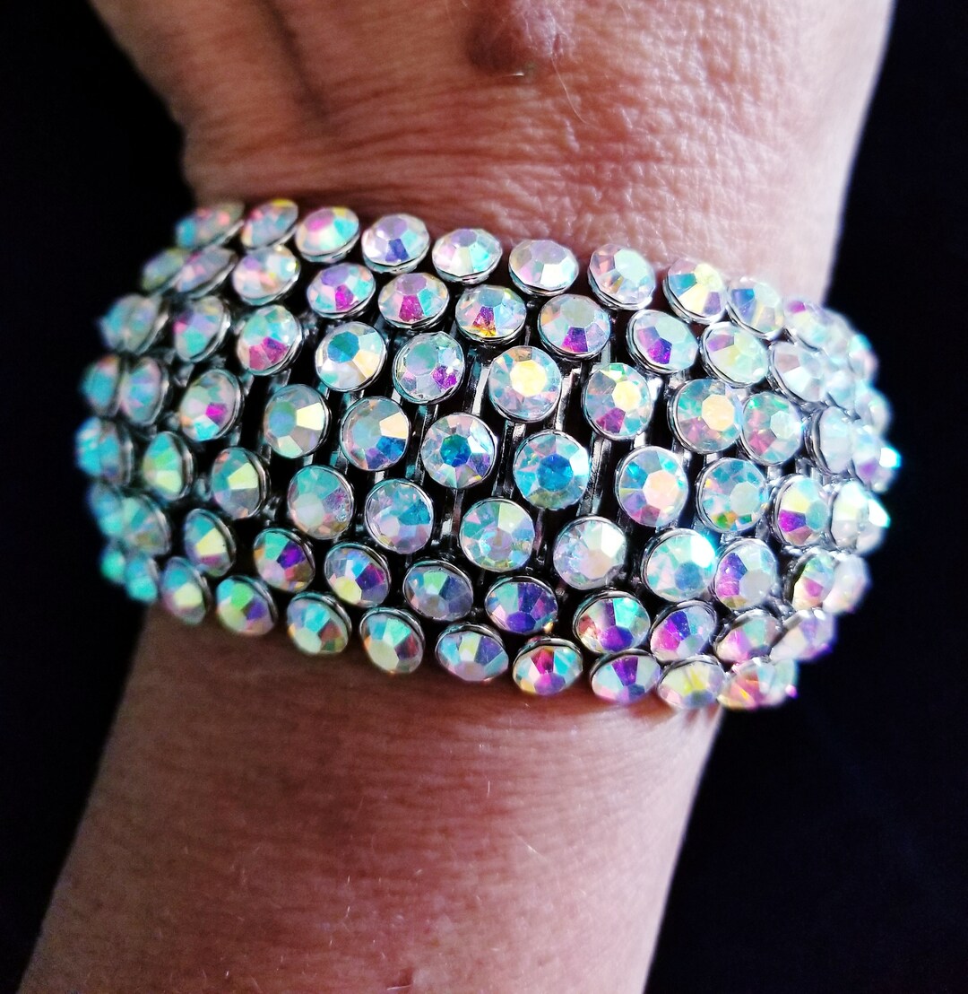 Rhinestone Bracelet Stretch, AB Domed Bracelet, Crystal Pageant Prom ...