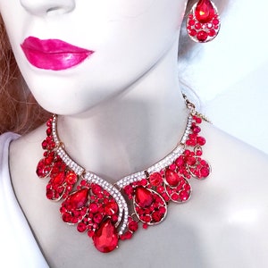 Red Statement Necklace Rhinestone Necklace Set Bridal - Etsy