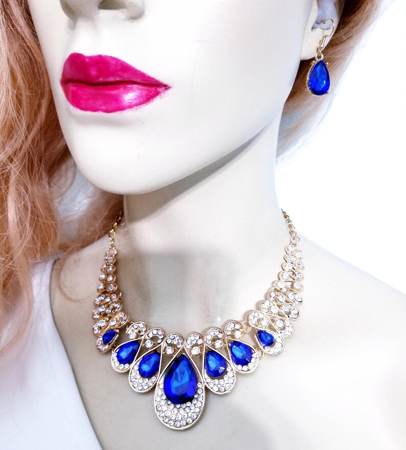 Blue Statement Necklace Necklace Earring Set Large Crystal - Etsy