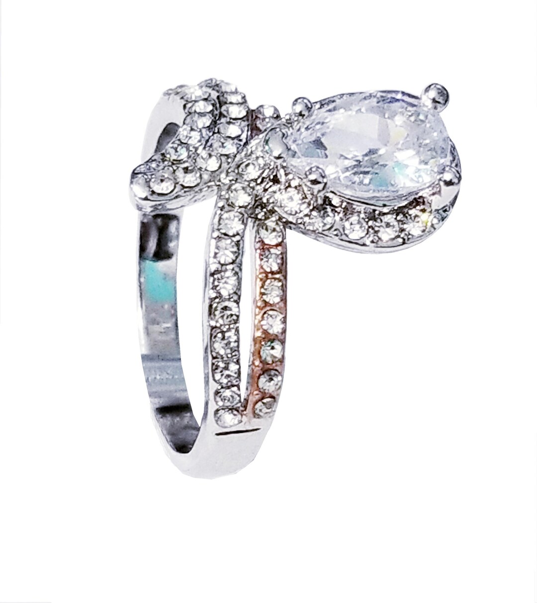 Zircon Cocktail Ring, Silver Gold Engagement Ring, Two Tone Wedding ...