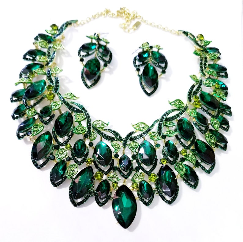 Green Statement Necklace Necklace Earring Set Large Crystal | Etsy
