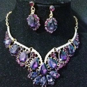 Deep Purple Statement Necklace, Rhinestone Necklace Set, Bridal Pageant ...
