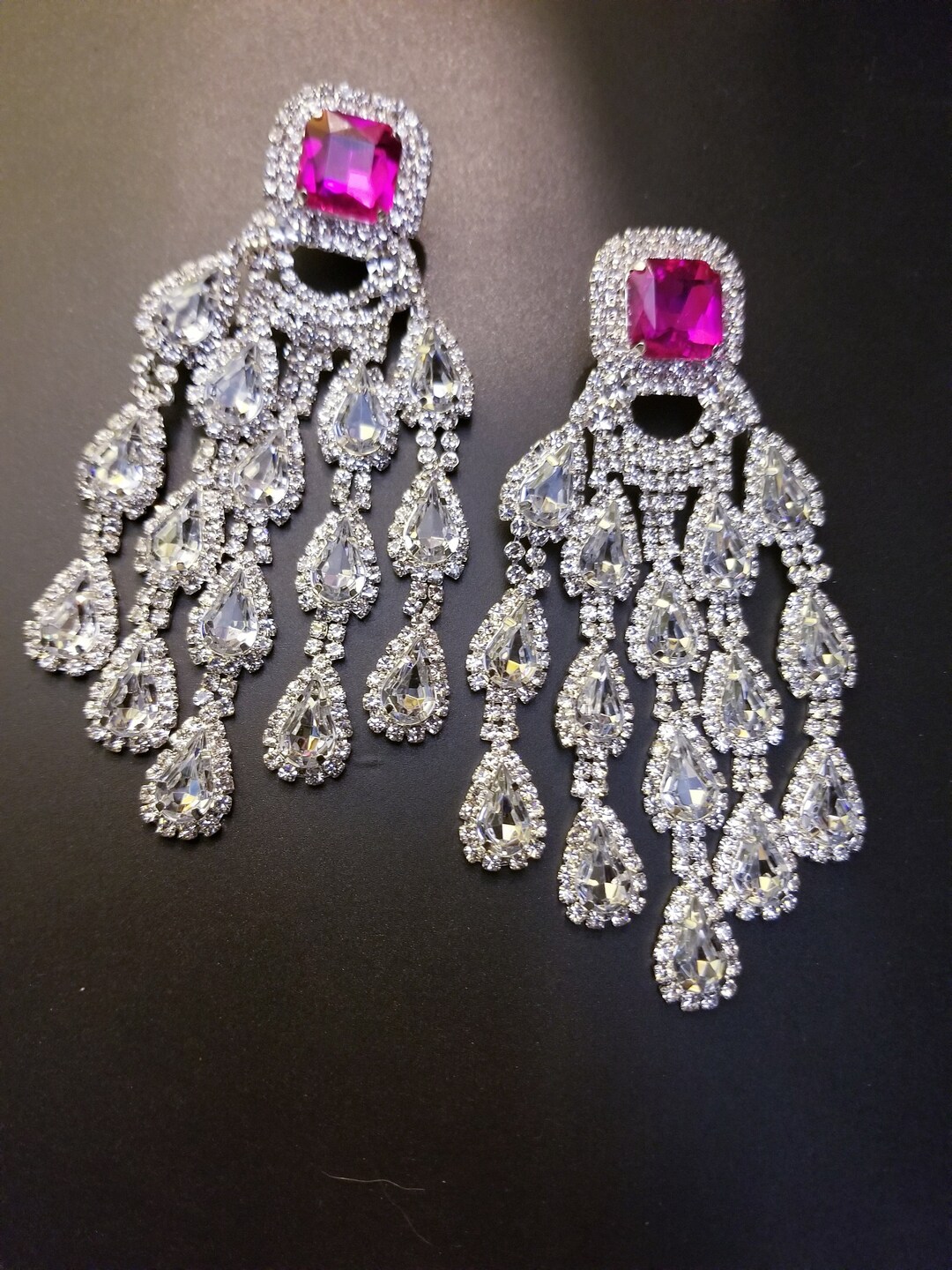 Hot Pink Drop Earrings, Bridesmaid Rhinestone Earrings, 4.5 Inch ...