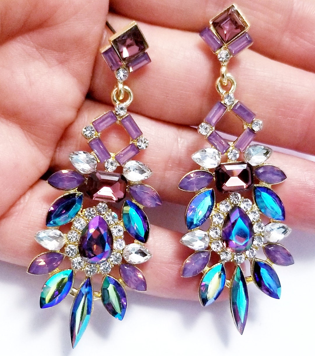 Rhinestone Drop Earrings, Crystal Chandelier Earrings, Purple Pageant ...