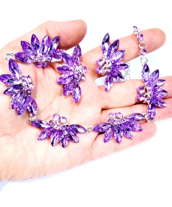 Purple Rhinestone Necklace Crystal Necklace Set Bridal - Etsy