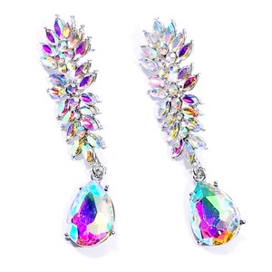 Iridescent Drop Pageant Earrings , Rhinestone Chandelier Prom Earrings ...