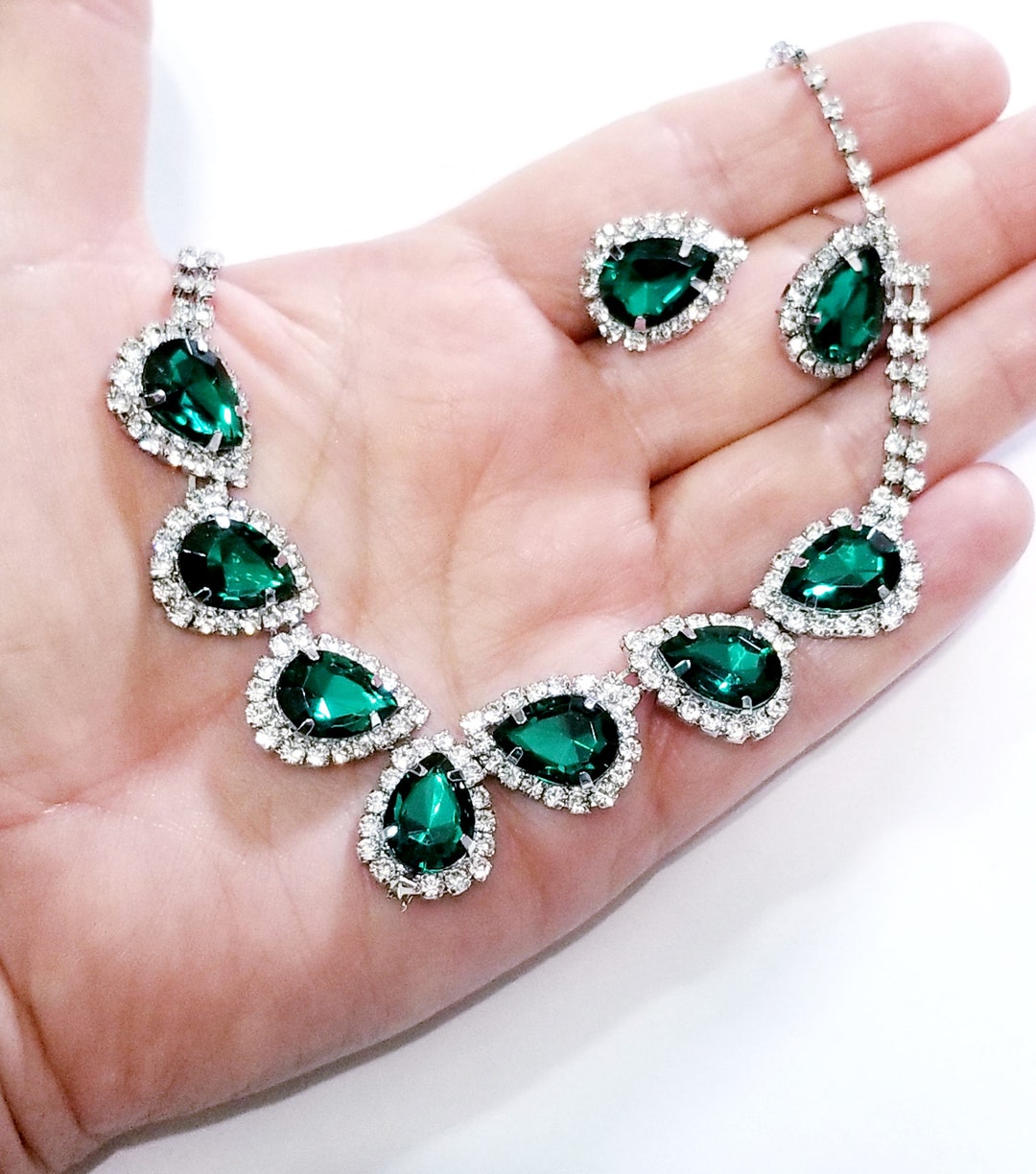 Green Rhinestone Necklace, Crystal Necklace Set, Bridal Pageant Choker ...