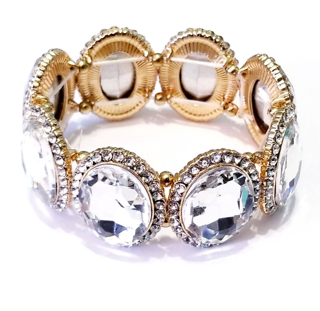 Rhinestone Bracelet Stretch, Gold Tone Clear, Crystal Pageant Prom ...