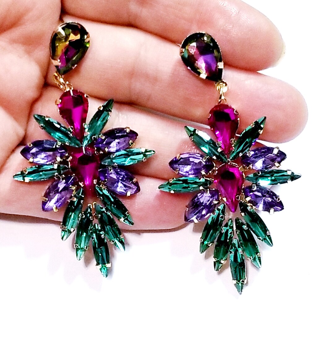 Multi Color Earrings, Bridesmaid Rhinestone Earrings, 2.8 Inch Pageant ...