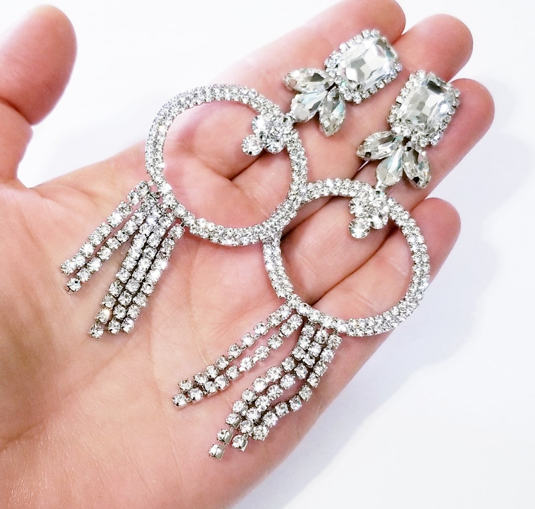 Oversized Drop Earrings, Rhinestone Crystal Earrings, 4.2 in Clear ...