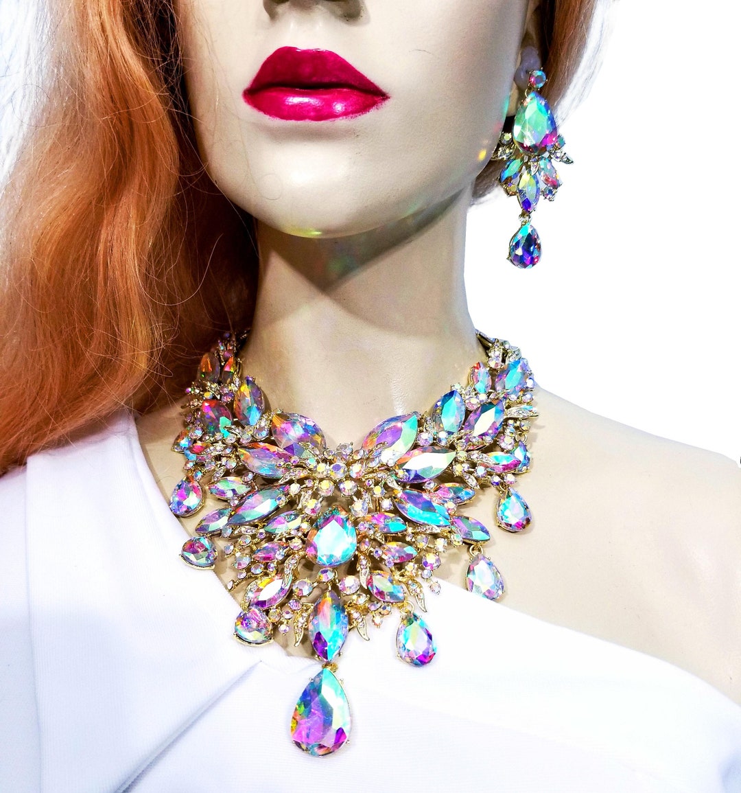 AB Statement Necklace, Necklace Earring Set, Large Crystal Necklace ...