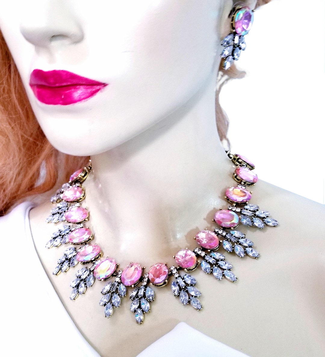 Iridescent Pink Statement Necklace, Rhinestone Necklace Set, Bridal ...