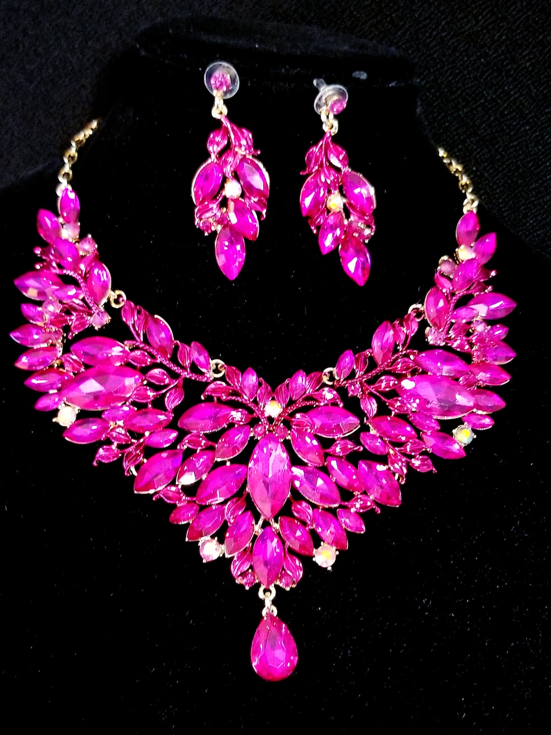 Hot Pink Statement Necklace, Necklace Earring Set, Large Crystal ...