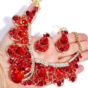 Red Statement Necklace Rhinestone Necklace Set Bridal - Etsy