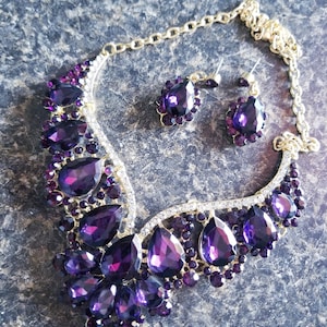 Deep Purple Statement Necklace, Rhinestone Necklace Set, Bridal Pageant ...