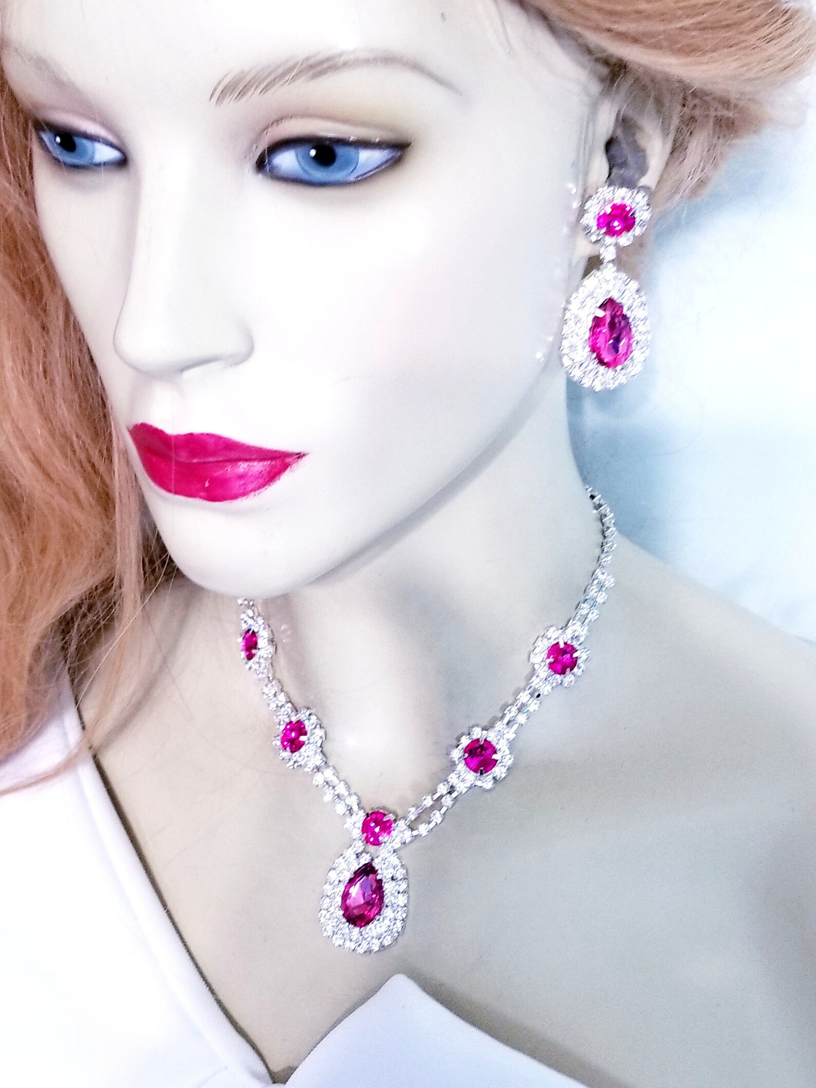 Pink Rhinestone Necklace Crystal Necklace Set Bridal Pageant | Etsy