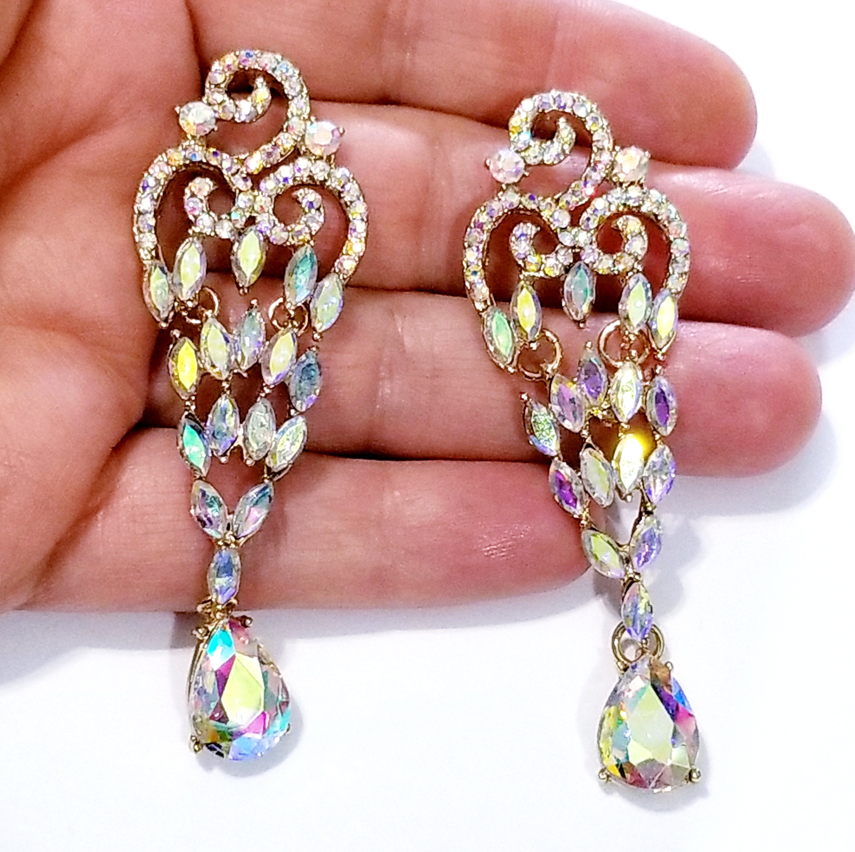 AB Bridal Chandelier Earrings Prom Rhinestone Crystal Drop | Etsy