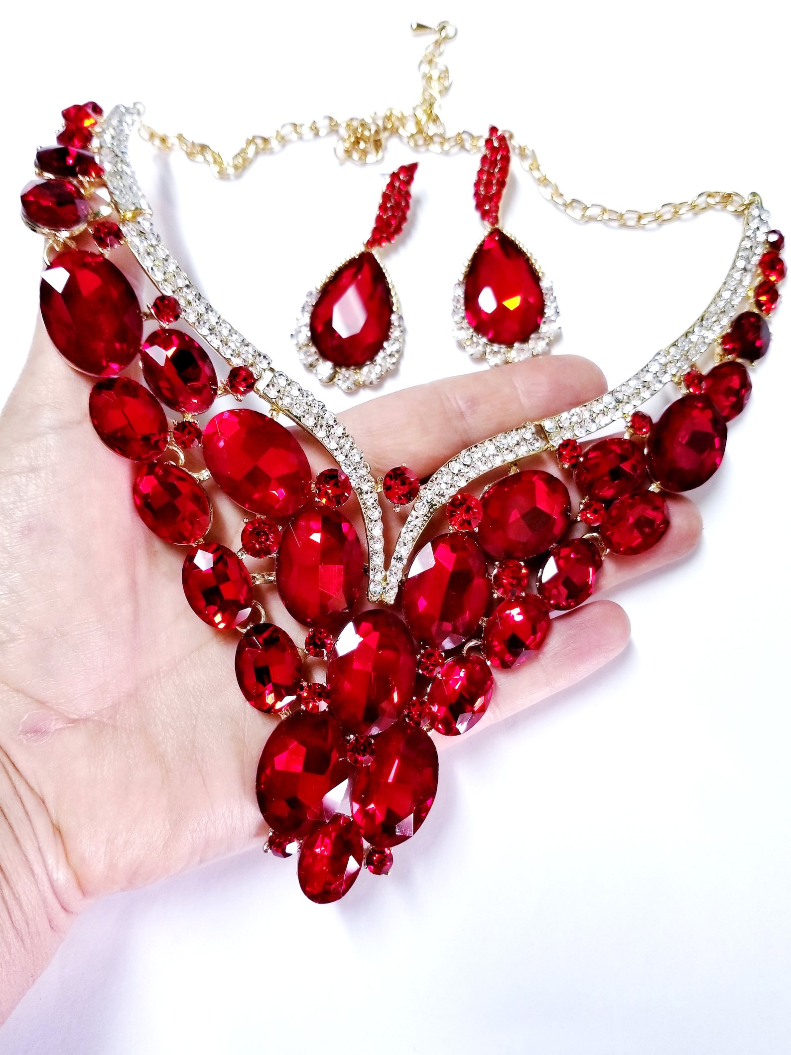 Luxury Crystal Necklace Red Rhinestone Choker Prom Pageant | Etsy