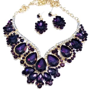 Deep Purple Statement Necklace, Rhinestone Necklace Set, Bridal Pageant ...