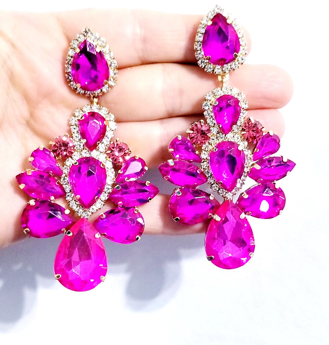 Rhinestone Clip on Earrings, Chandelier Drop Earrings, Hot Pink Pageant ...