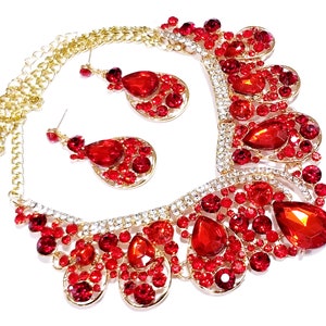 Red Statement Necklace Rhinestone Necklace Set Bridal - Etsy