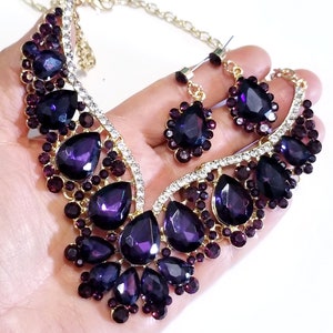 Deep Purple Statement Necklace, Rhinestone Necklace Set, Bridal Pageant ...