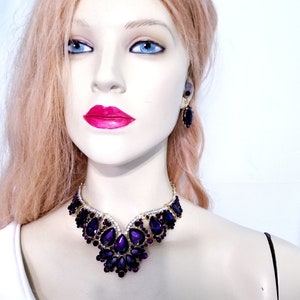 Deep Purple Statement Necklace, Rhinestone Necklace Set, Bridal Pageant ...
