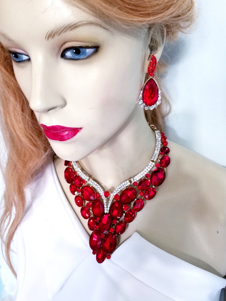 Luxury Crystal Necklace Red Rhinestone Choker Prom Pageant | Etsy
