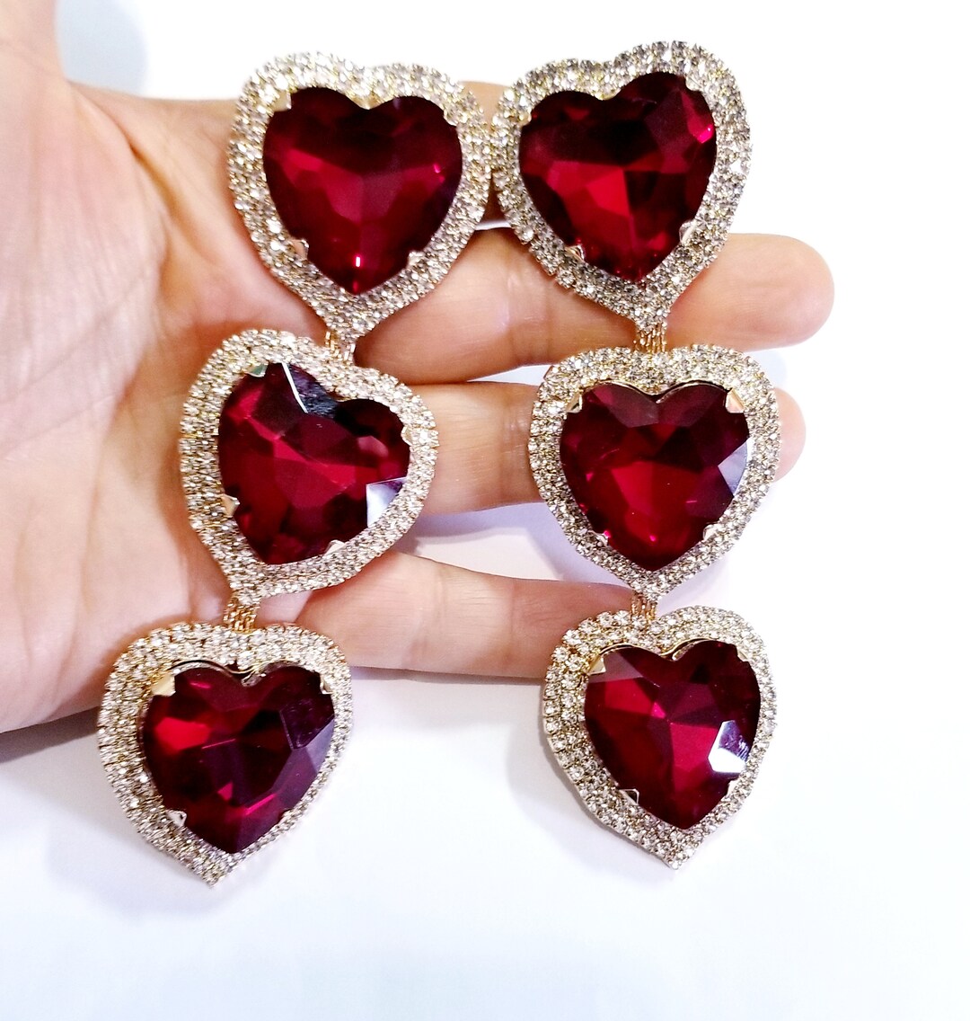 Red Rhinestone Heart, CLIP ON Earrings, Oversized Chandelier Earrings ...
