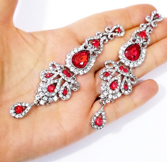 Red Chandelier Earrings Rhinestone Austrian Crystal Jewelry - Etsy