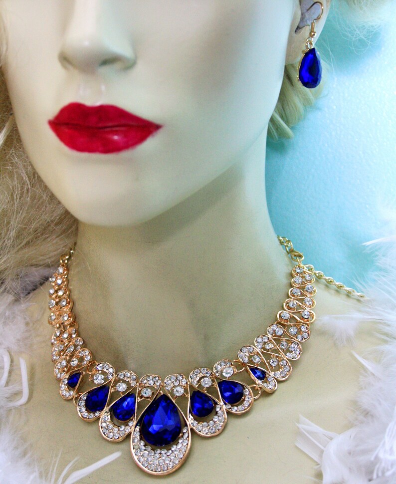Blue Statement Necklace Necklace Earring Set Large Crystal - Etsy