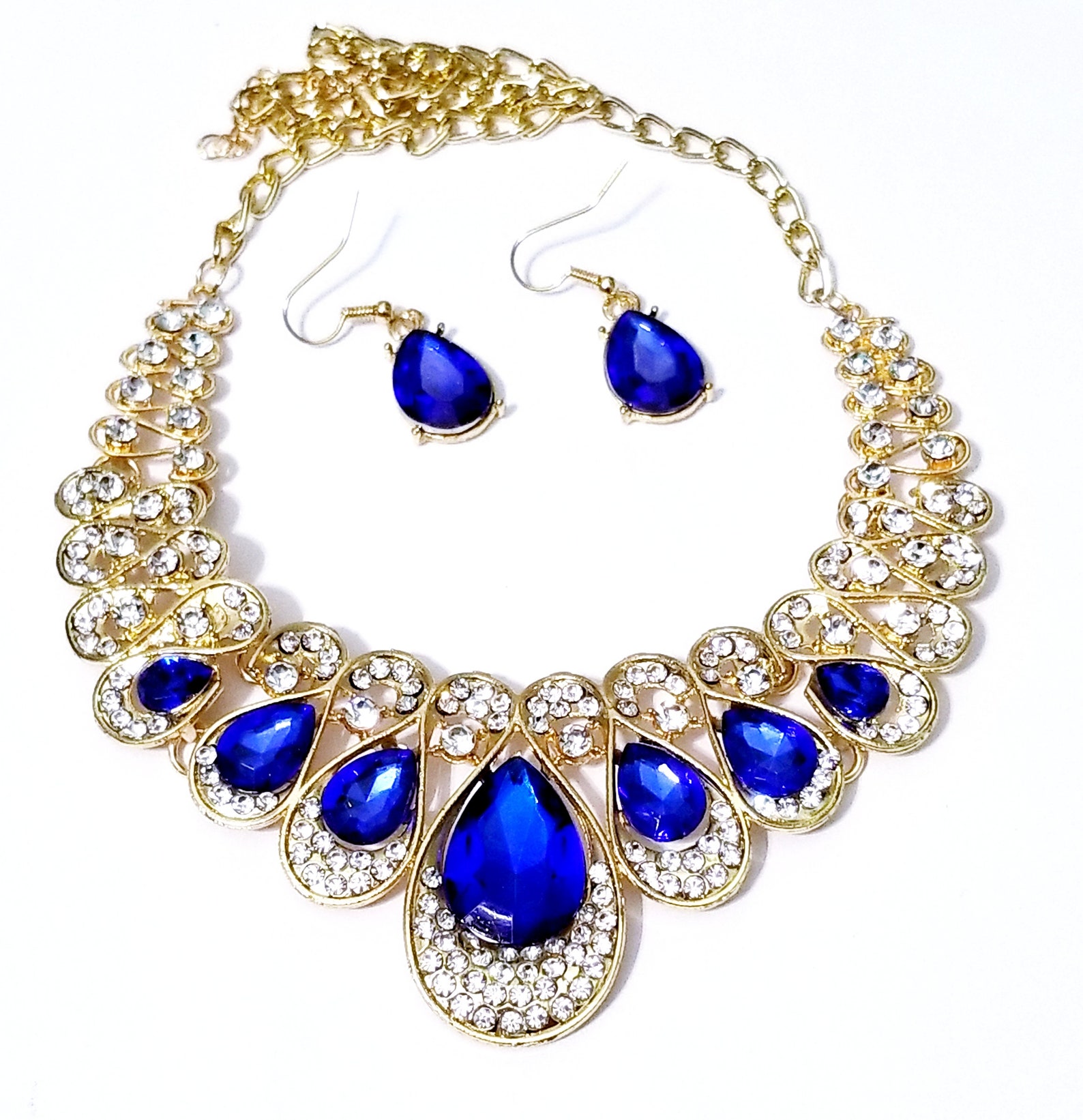 Blue Statement Necklace Necklace Earring Set Large Crystal - Etsy