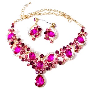 Pink Statement Necklace, Rhinestone Necklace Set, Crystal Pageant ...