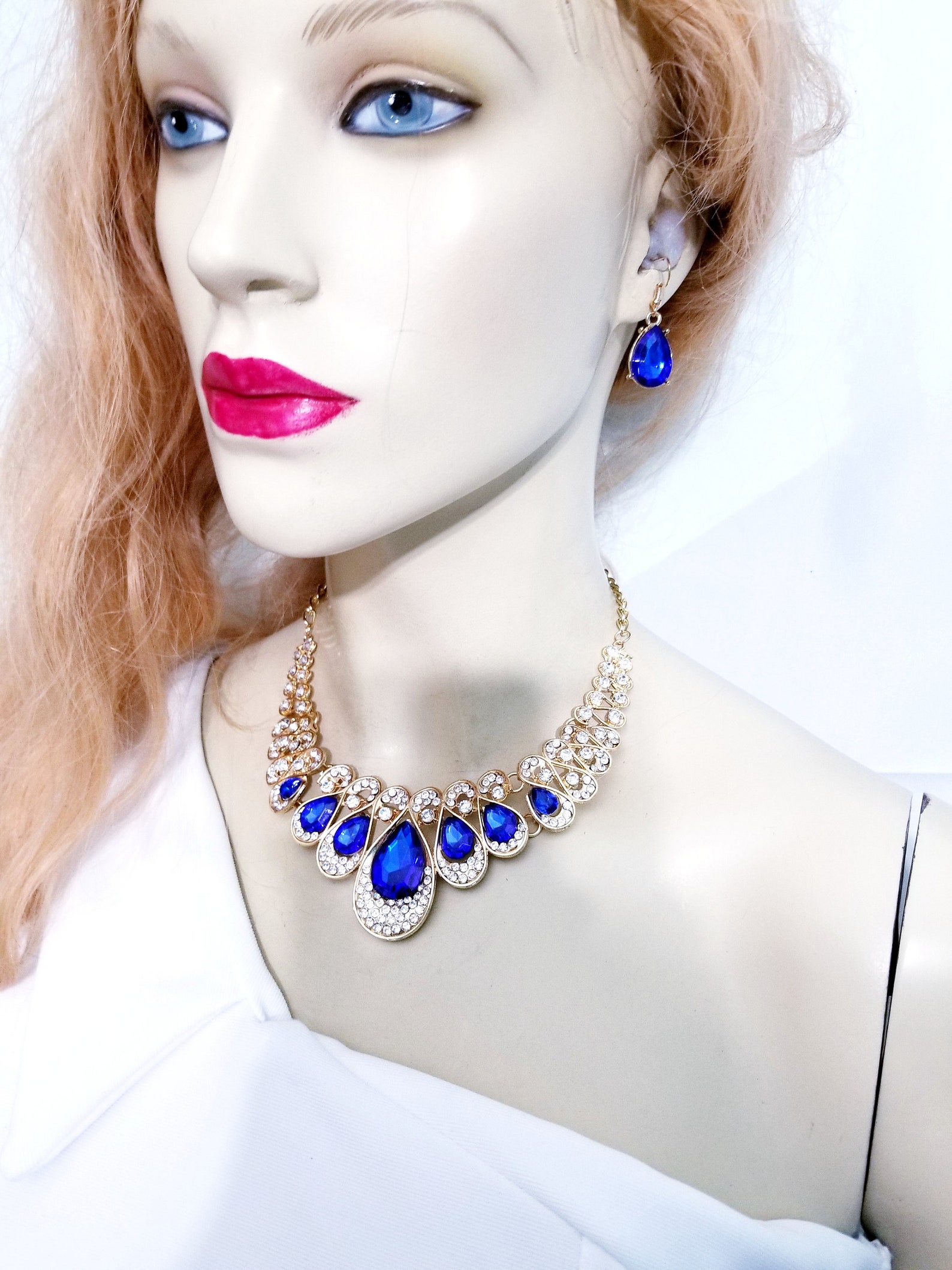 Blue Statement Necklace Necklace Earring Set Large Crystal - Etsy