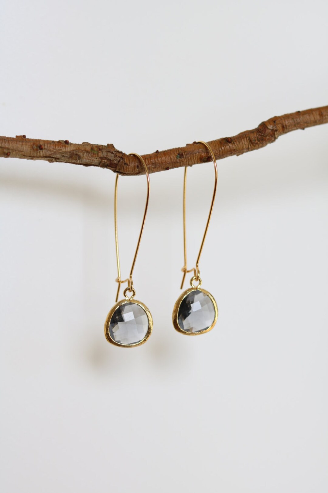 Grey Spinel Glass Earrings Gold Dangle Earrings Stone Earrings Drop ...