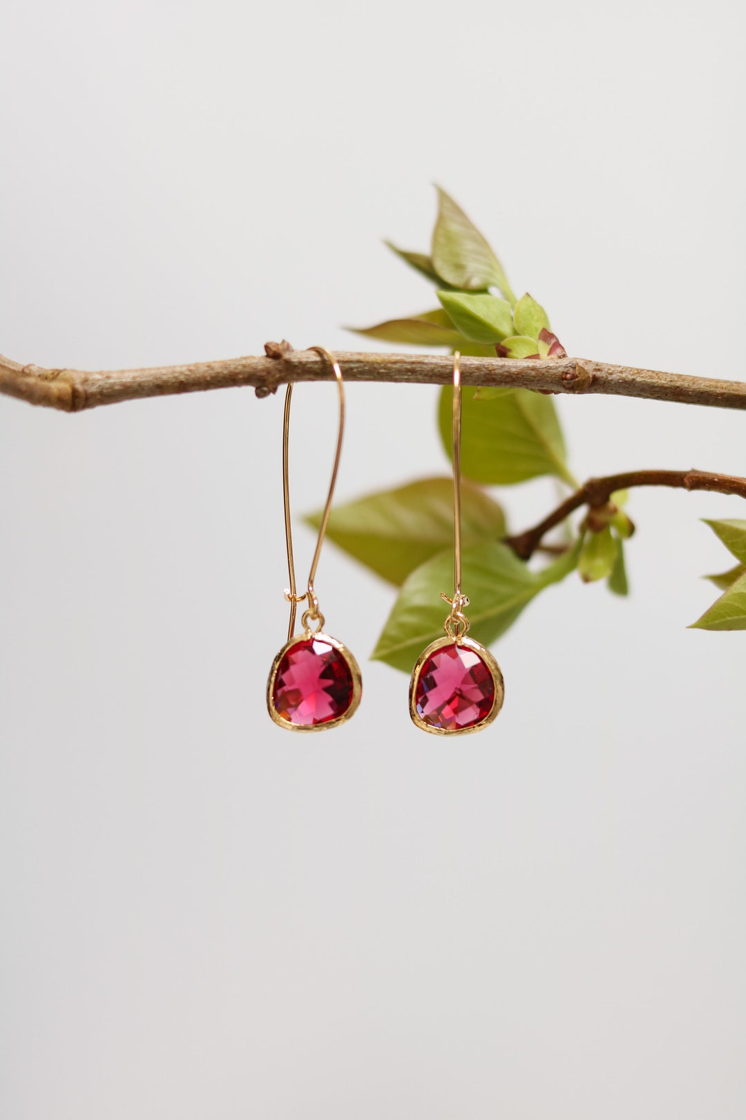 Pink Ruby Glass Earrings - Gold Dangle Earrings - Stone Earrings - Drop ...