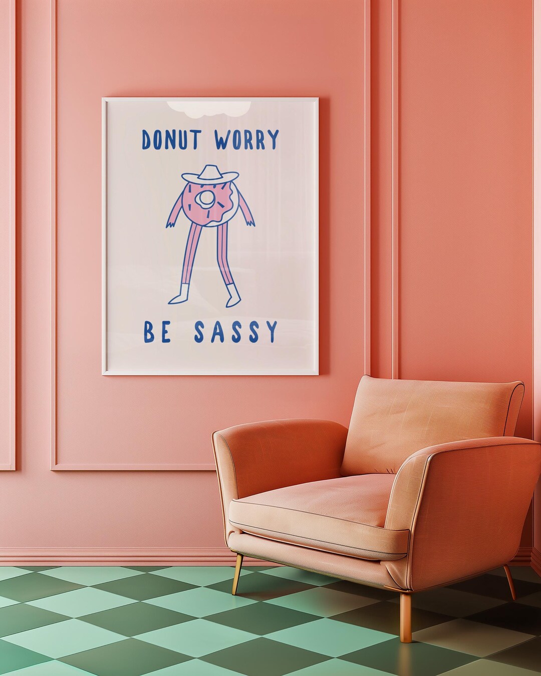 Donut Worry Be Sassy Print, Retro Cartoon Cowgirl Doughnut Character ...