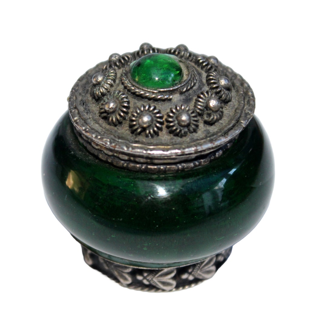 Small Green Glass and Metal Trinket Container. Small Box. Pill Box ...
